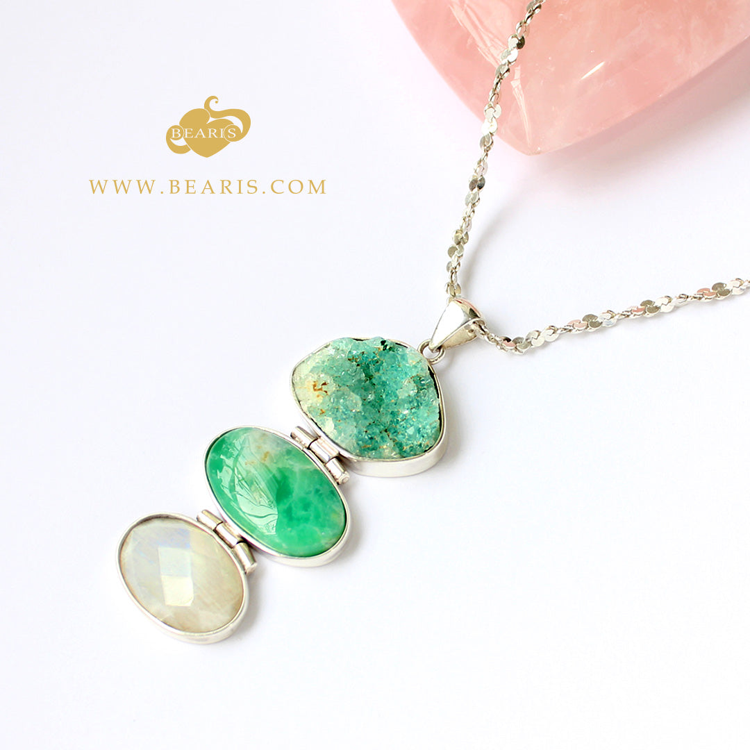 Dije Drusa de Silica + Crisoprasa + Piedra Luna — BEARIS Metals & Stones